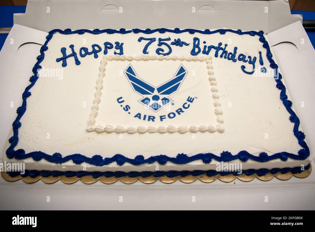 A sheet cake with the U.S. Air Force logo sits on top of a table during ...