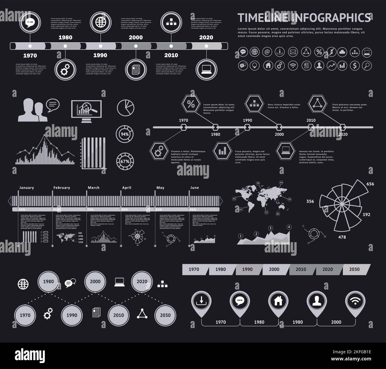 Set of timeline Infographic with diagrams and text. Vector Concept ...