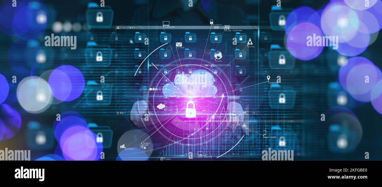 Businesswoman using digital tablet computer for protecting data ...