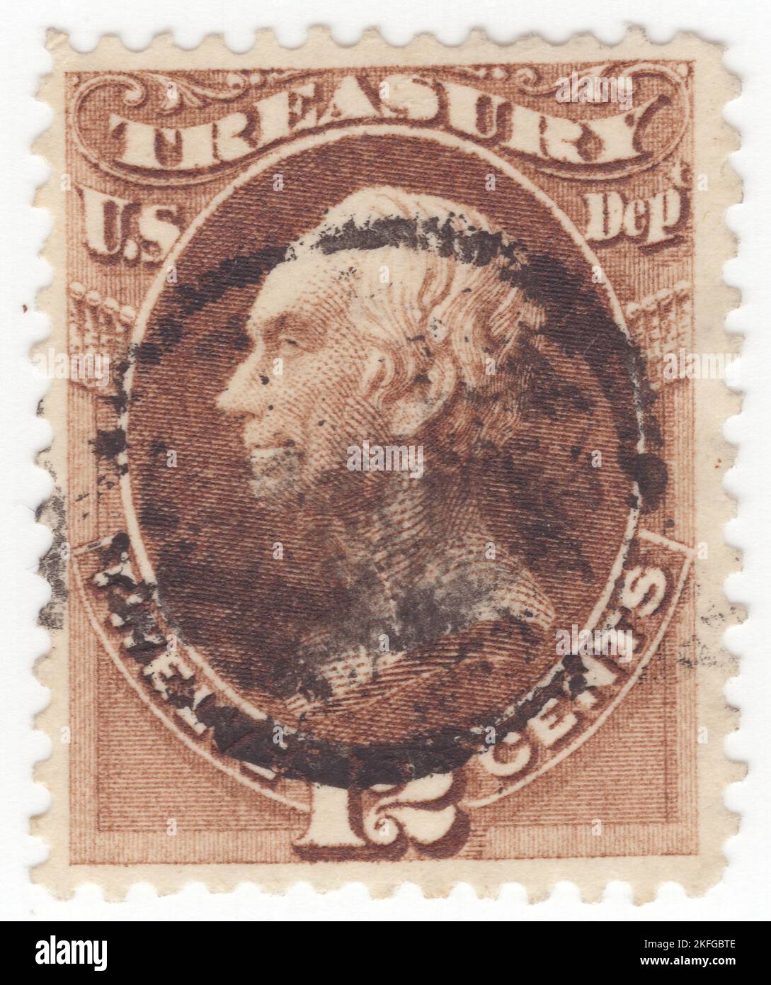 USA - 1873: An 12 cents brown Official stamp depicting Oval frame with ...