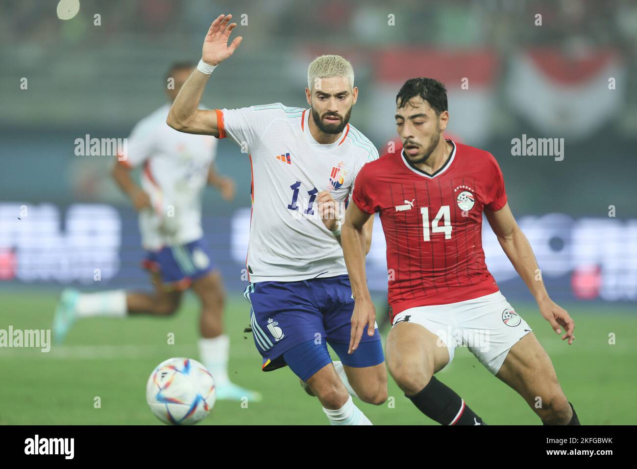 Belgium's Yannick Carrasco and Egyptian Akram Elhagrasi fight for the ball during a friendly ...