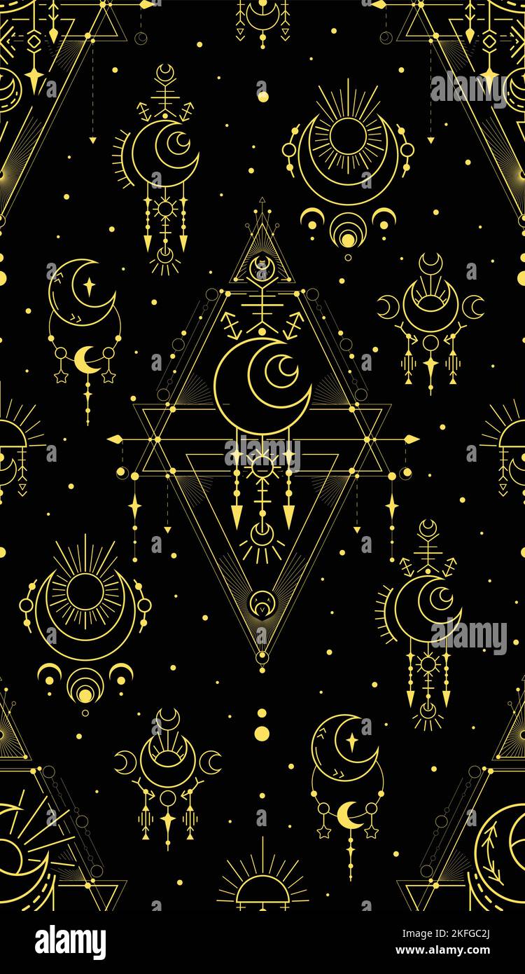 Vector rich texture with golden occult symbols with stars and crescent ...