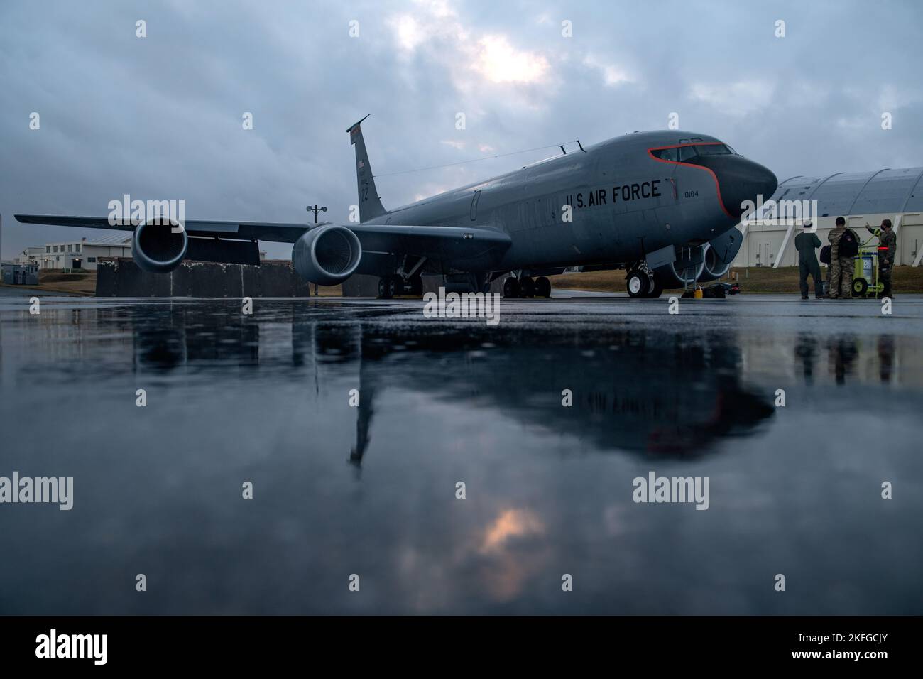 A KC-135 Stratotanker assigned to the 909th Air Refueling Squadron is ...