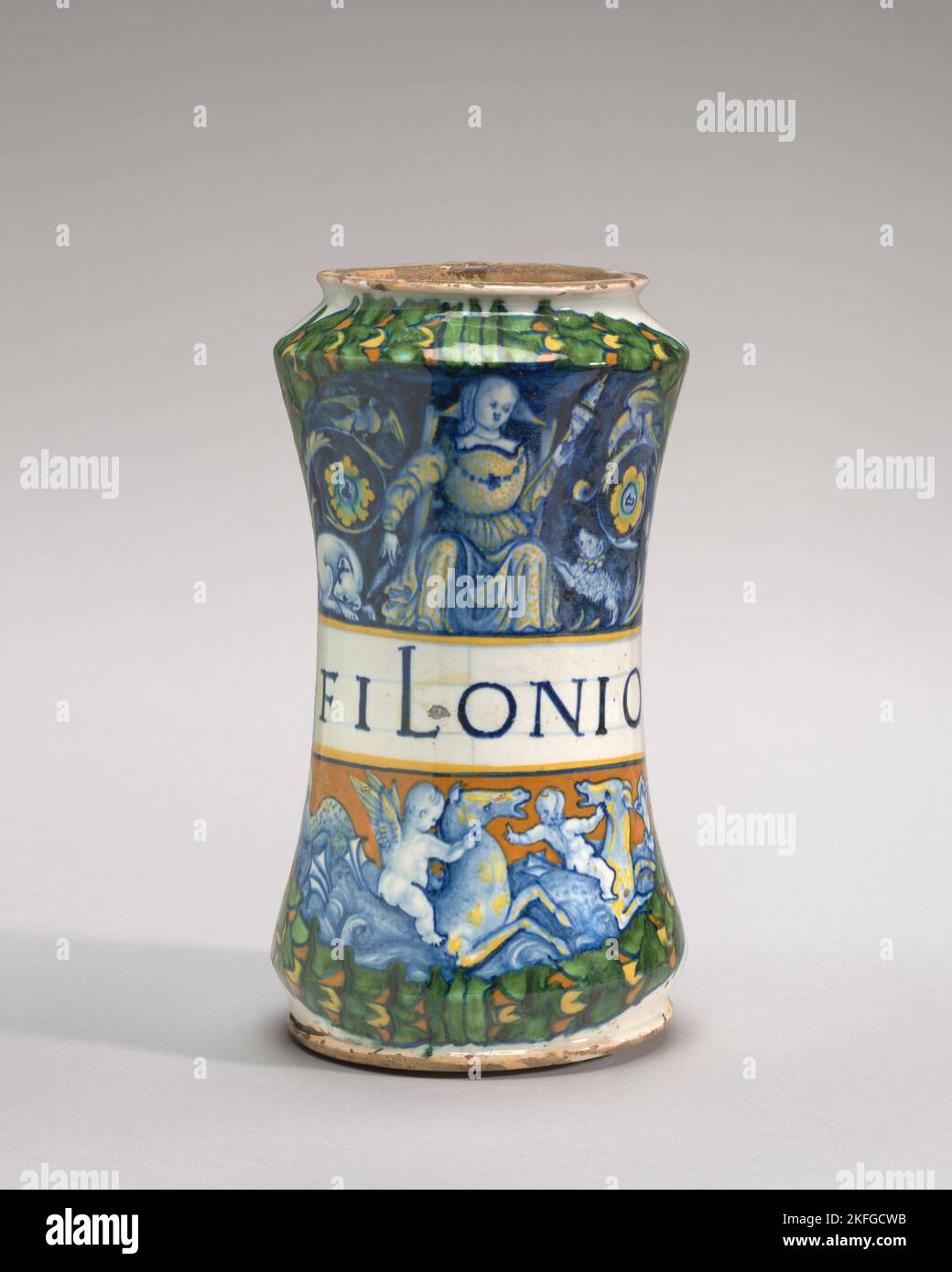 Albarello with woman spinning and putti on sea monsters, c. 1500/1510 ...