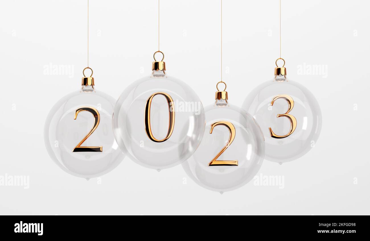 Glass festive christmas hanging baubles. With gold 2023 message. 3D ...