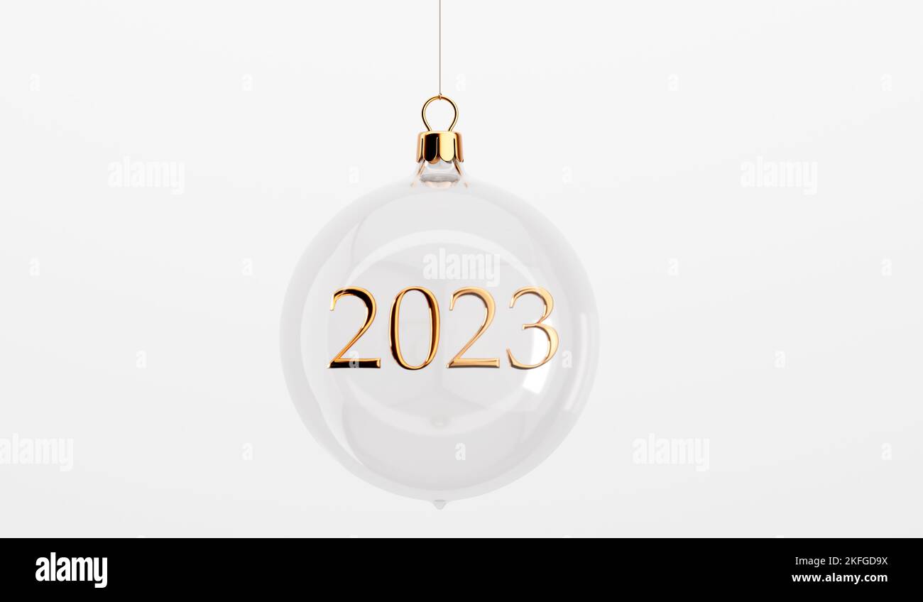 Glass festive christmas hanging baubles. With gold 2023 message. 3D ...