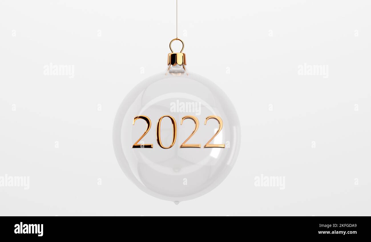 Glass festive christmas hanging baubles. With gold 2022 message. 3D ...