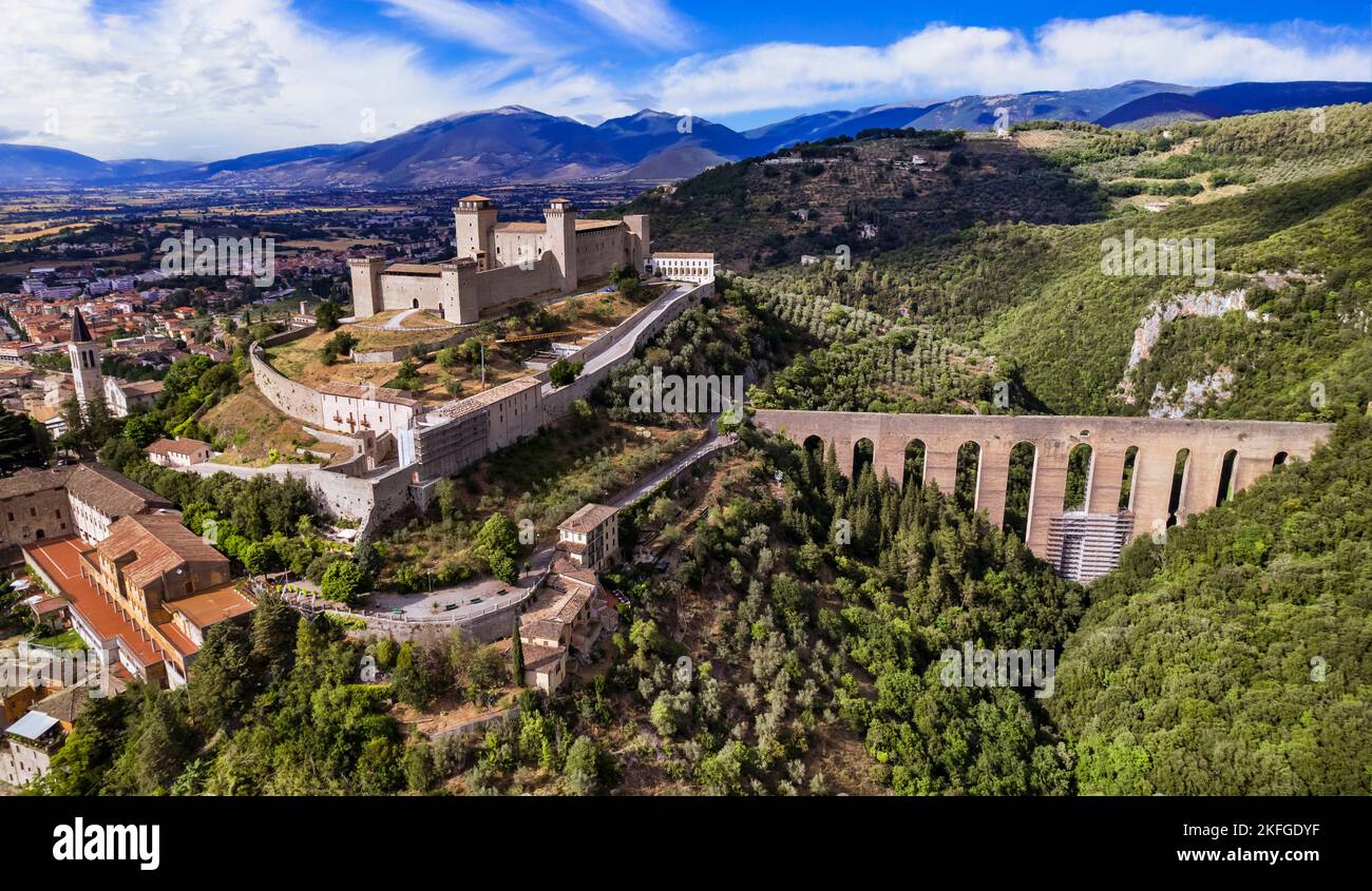 landmarks of Umbria . impressive Spoleto town aerial view of castle ...