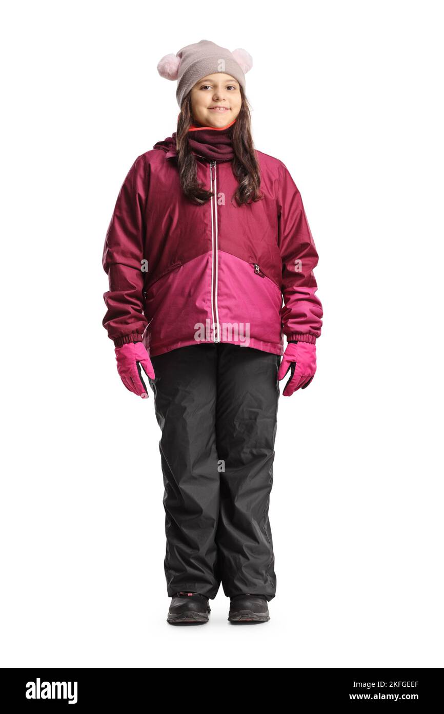 Full length portrait of a girl wearing waterproof winter clothes ...