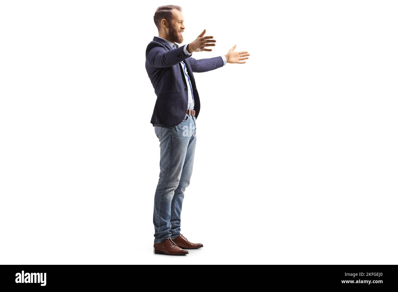 Full length profile shot of a man waiting with arms wide open isolated ...