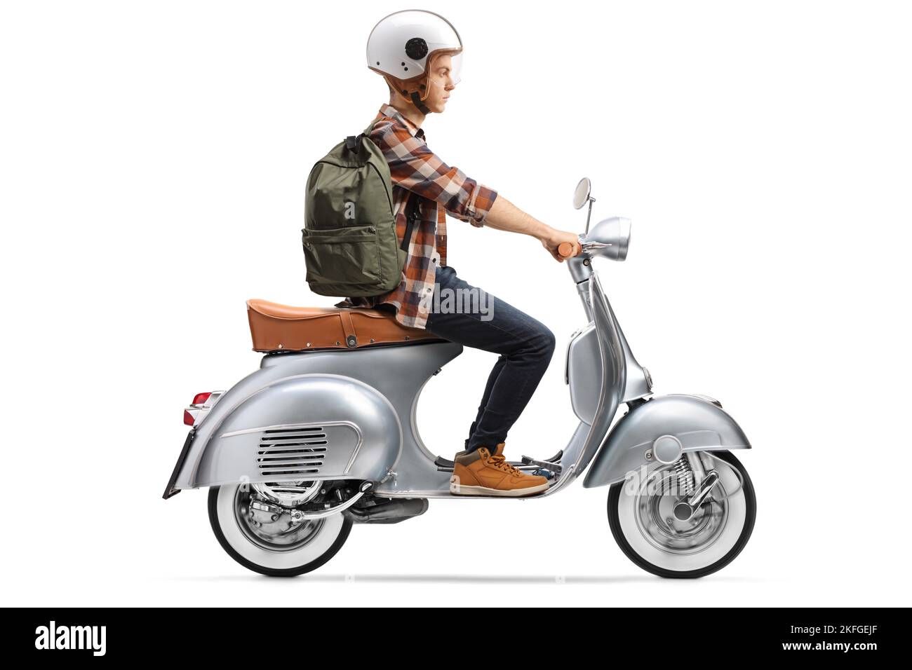 Male student with a helmet riding a scooter isolated on white ...