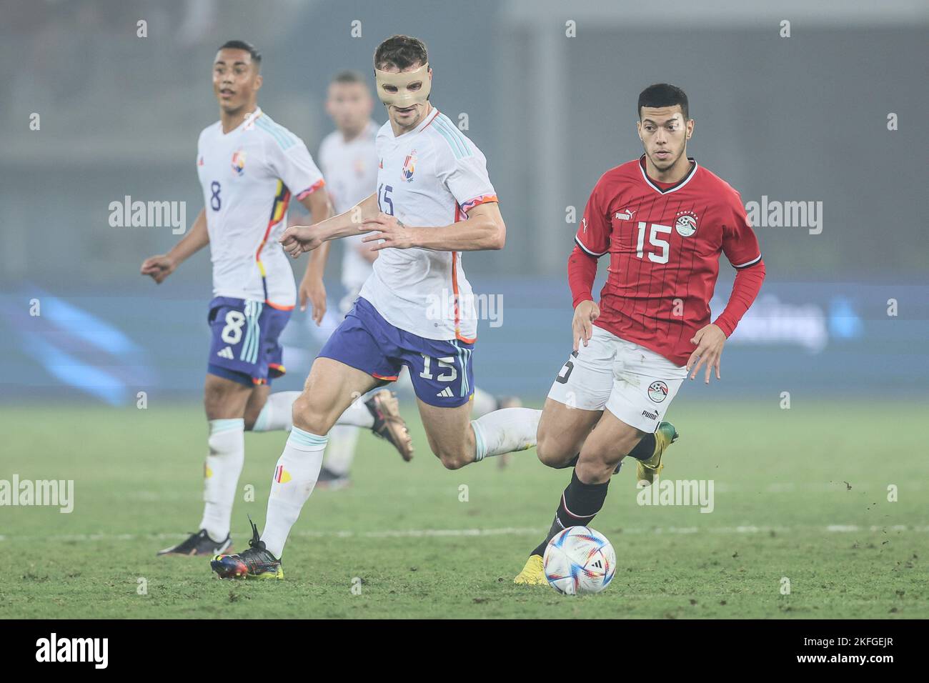 Belgium's Thomas Meunier and Egyptian Emam Abdelghany fight for the ball during a friendly ...