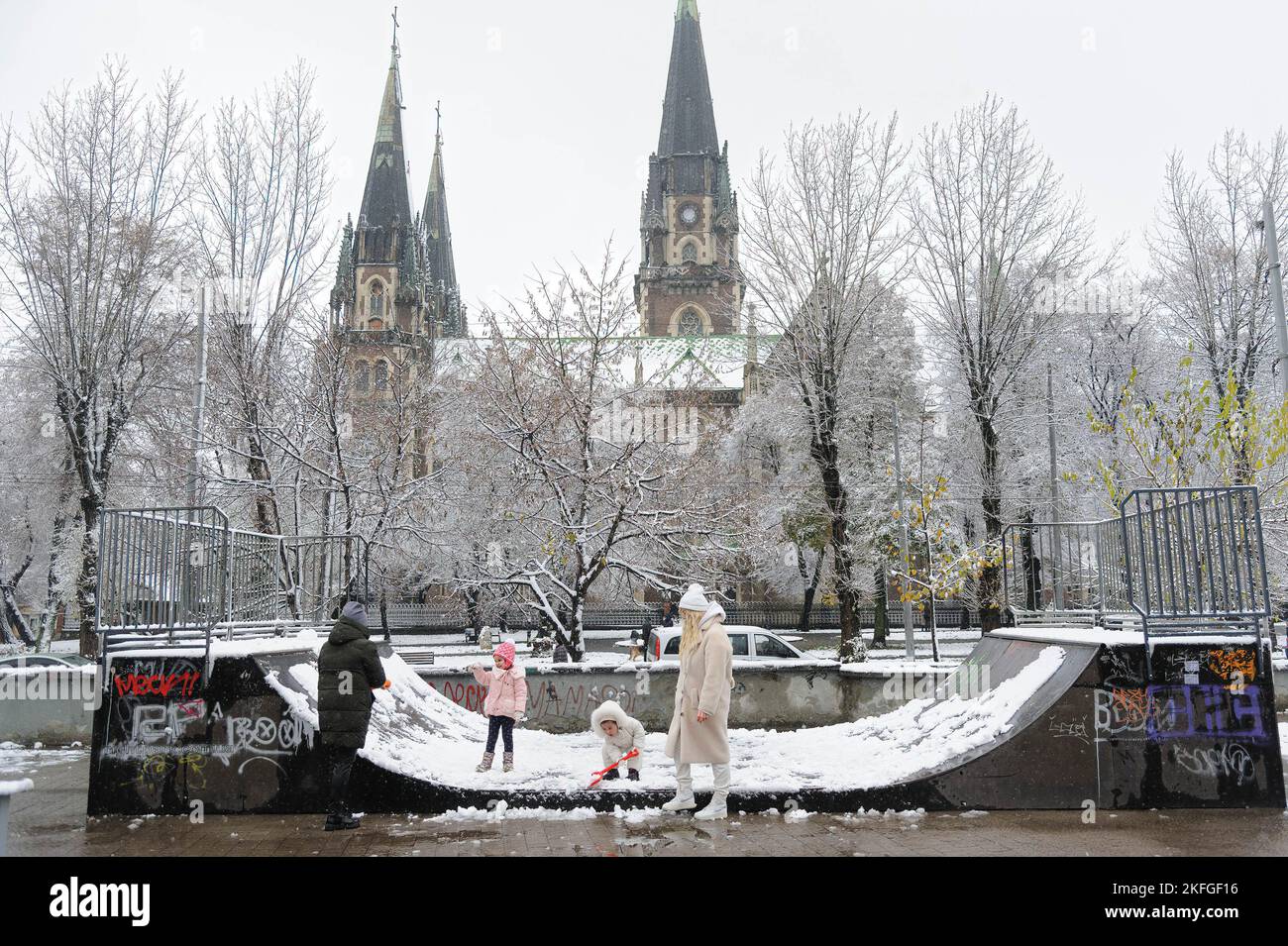 Children seen playing in snow in Lviv. The first snow of this season ...