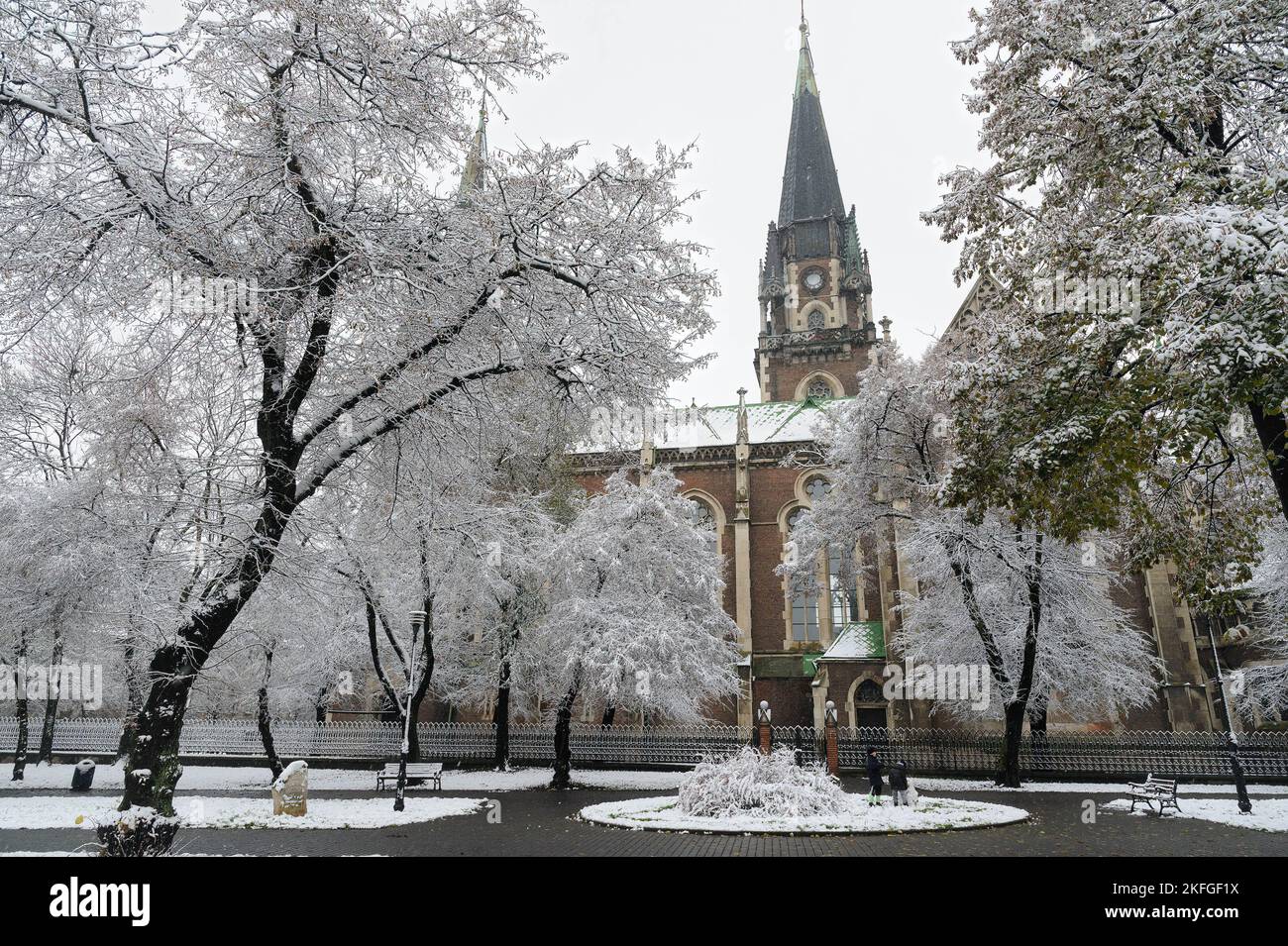 Streets covered wit snow in Lviv. The first snow of this season fell at ...