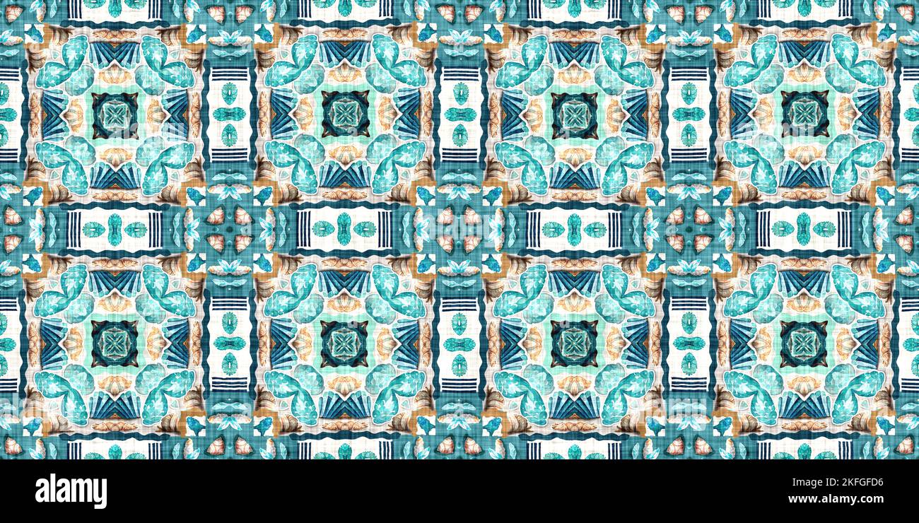 Teal beach house border in coastal style patchwork pattern. Modern ...