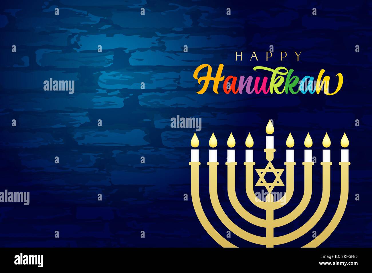 Happy Hanukkah lettering and menorah on brick wall. Jewish holiday ...