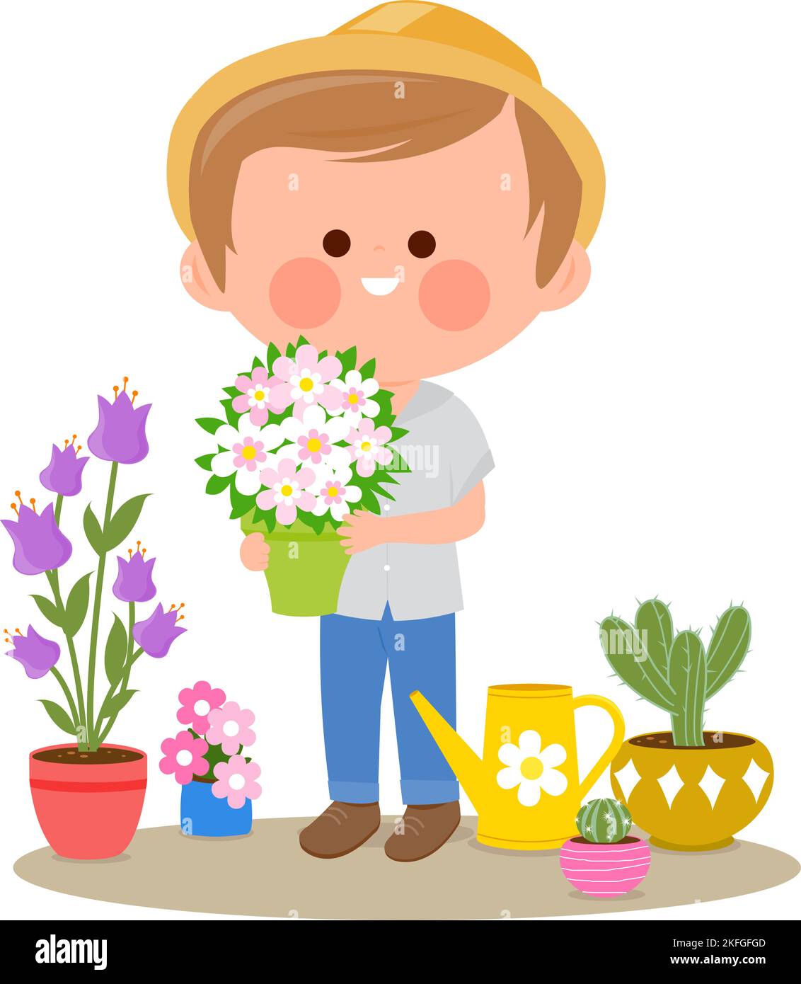 Man with pots of flowers enjoying his houseplants. Vector illustration ...