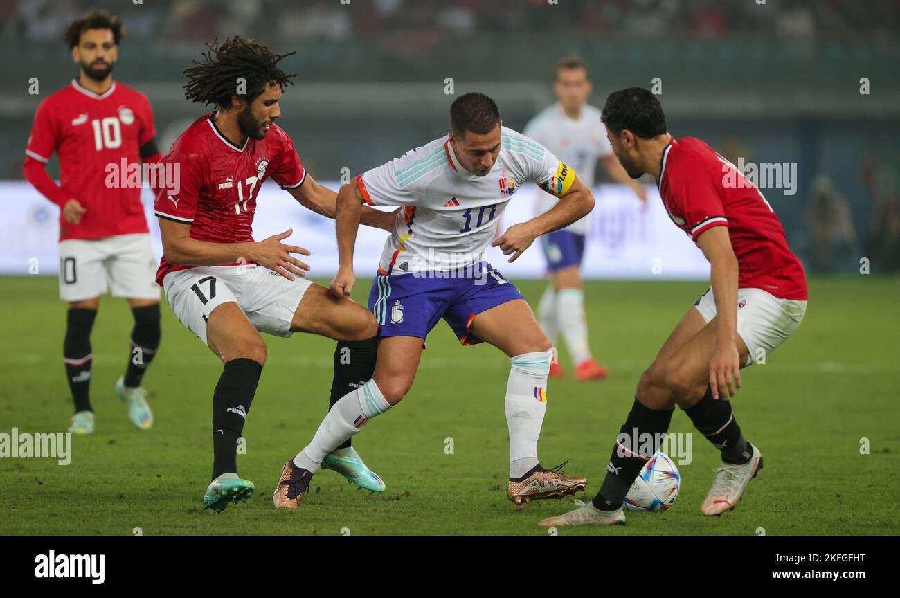 Egyptian Mohamed Elneny and Belgium's Eden Hazard fight for the ball during a friendly soccer ...