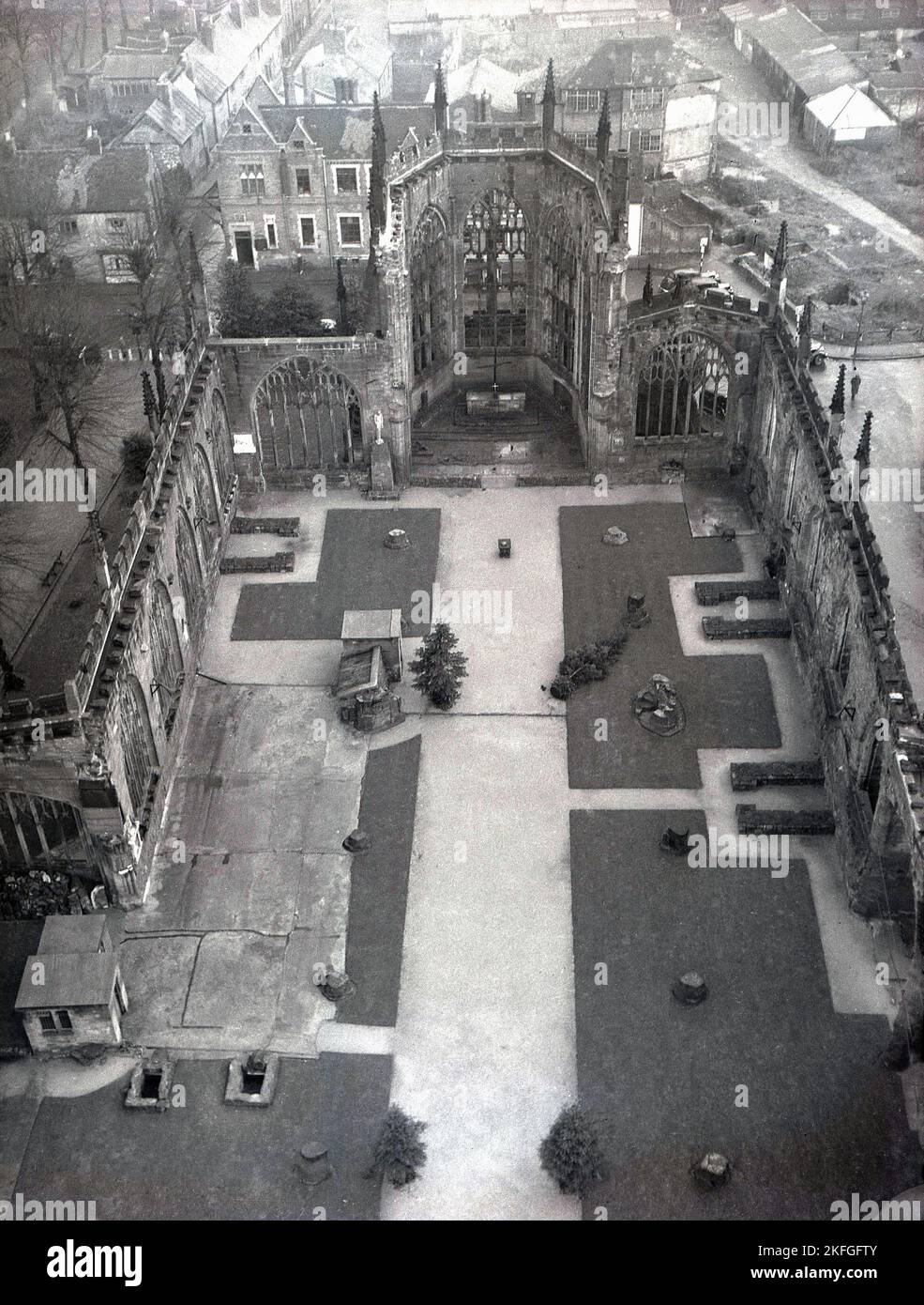 Late 1940s, historical, a view from above of the ruins of Coventry ...