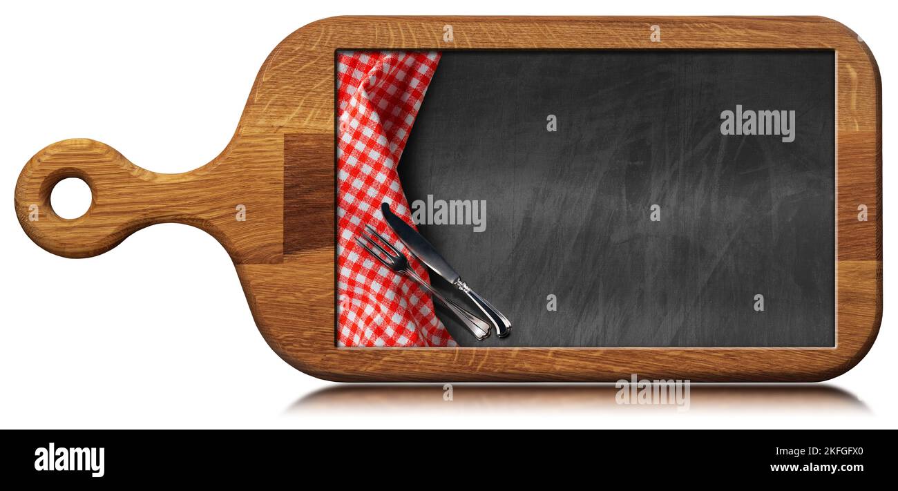 Wooden cutting board with a blank chalkboard inside, red and white ...