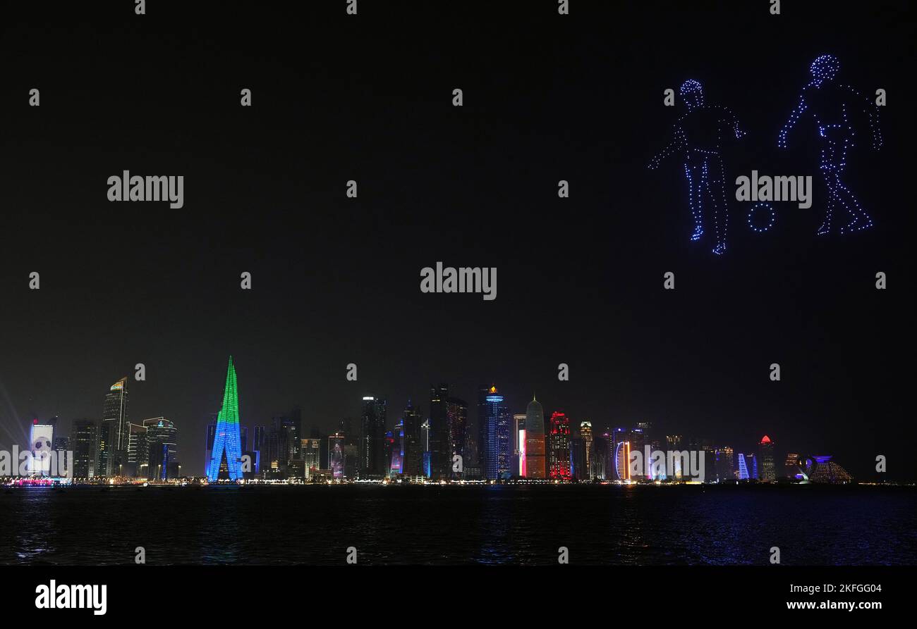 A drone show is displayed over Doha ahead of the FIFA World Cup 2022 in ...