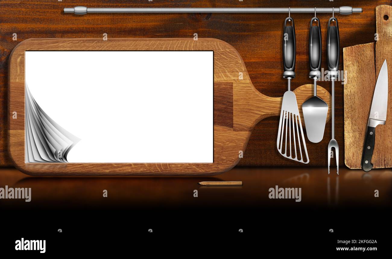 Old cutting board with empty curled pages on a kitchen counter with ...