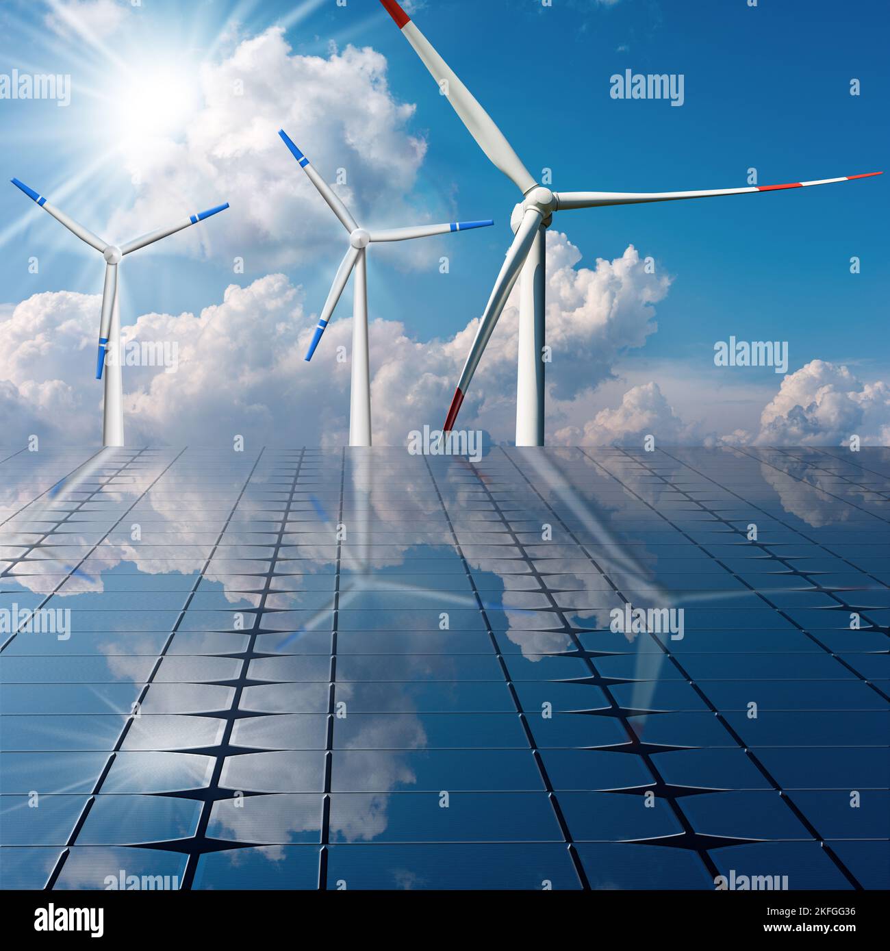 Group of solar panel and wind turbines against a clear blue sky with ...
