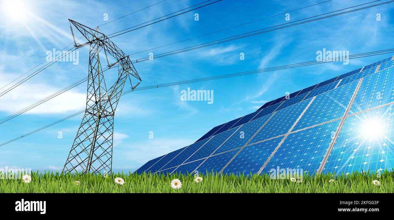Group of solar panels and a high voltage tower on a green meadow (green ...