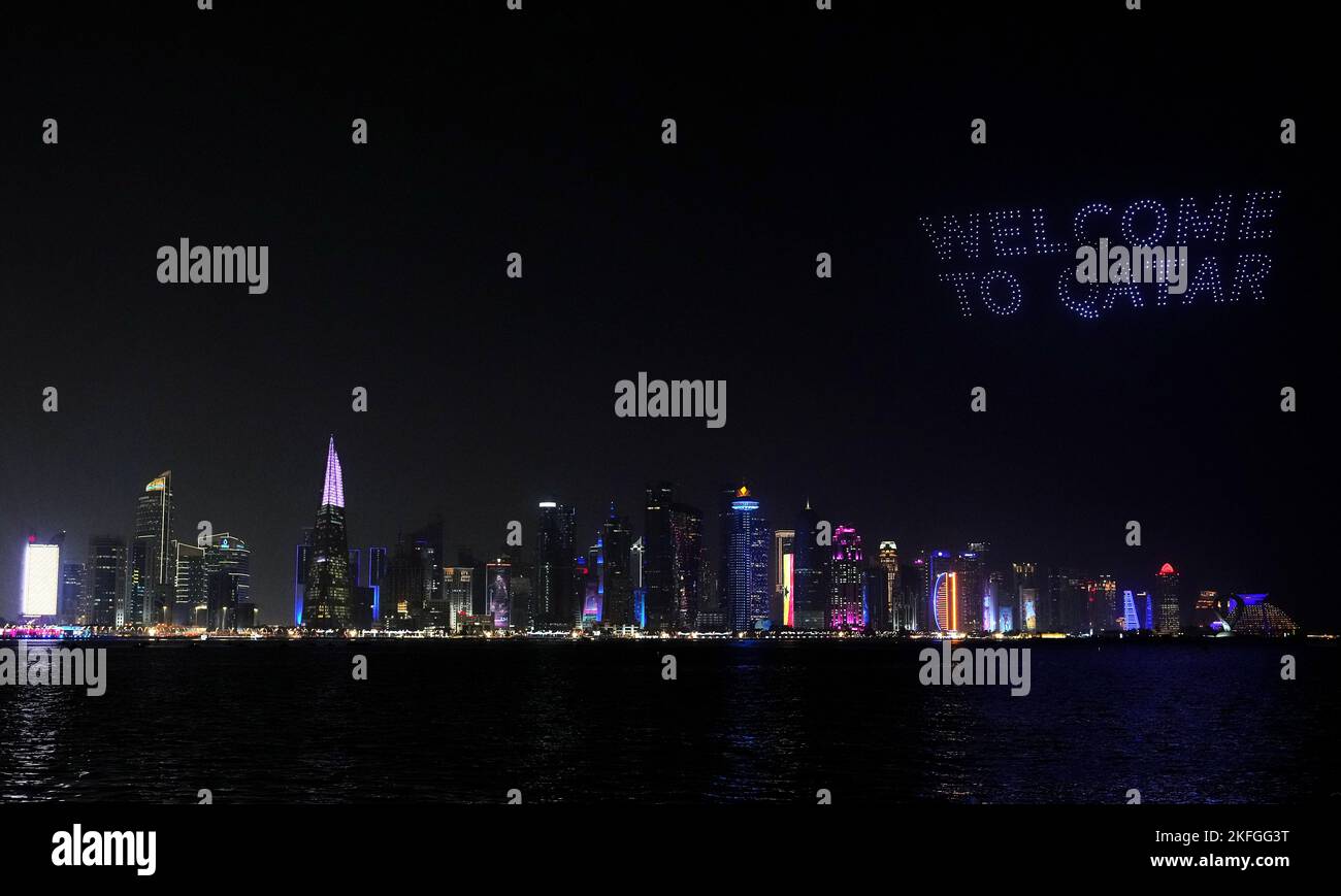 A drone show saying 'Welcome To Qatar' is displayed over Doha ahead of ...