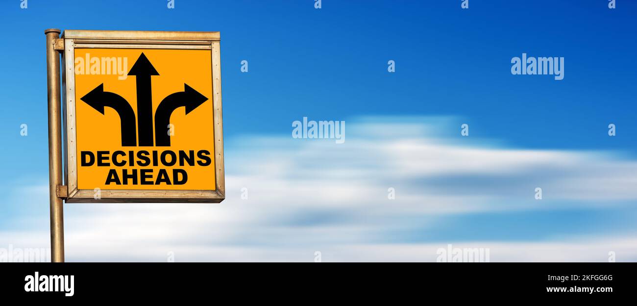 Closeup of a decisions ahead road sign (orange background and black ...