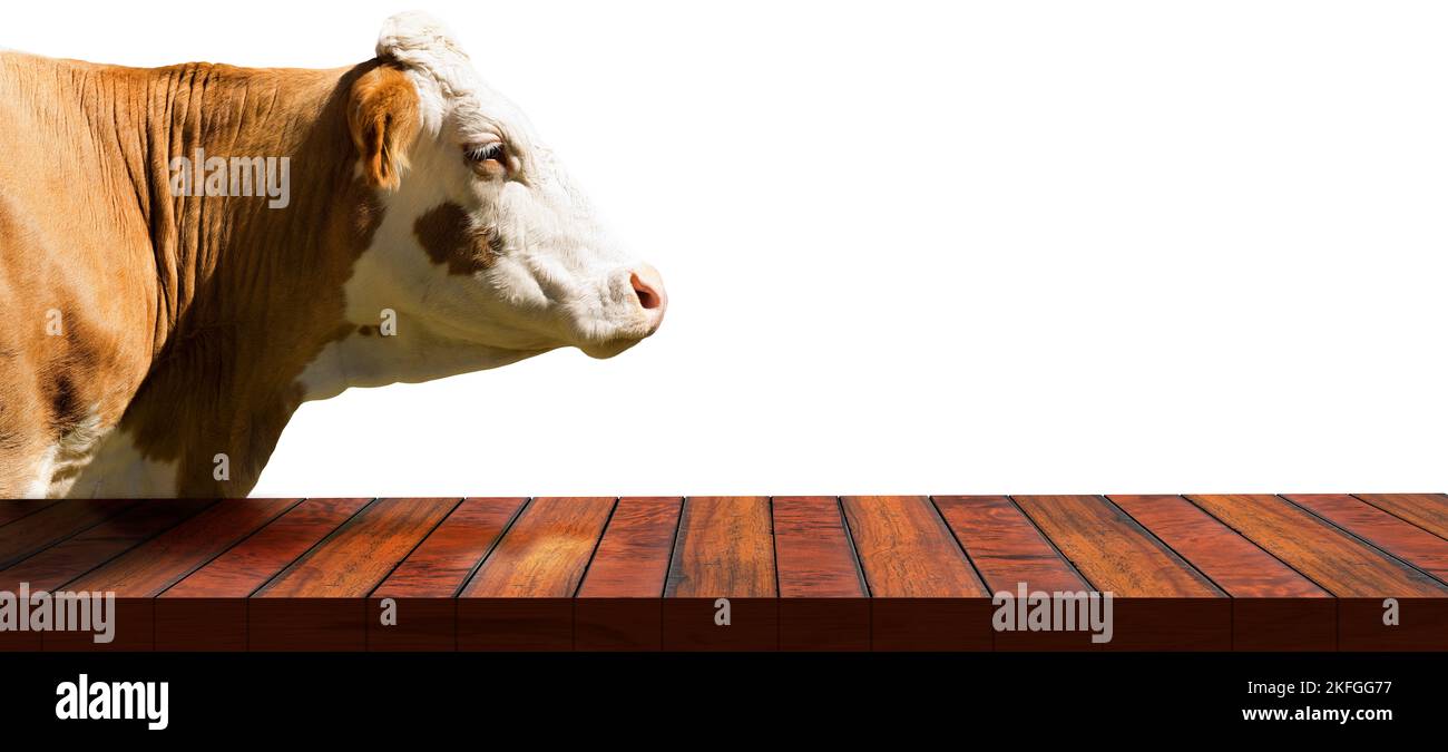 Close-up of an empty wooden table (for products display) and a white ...