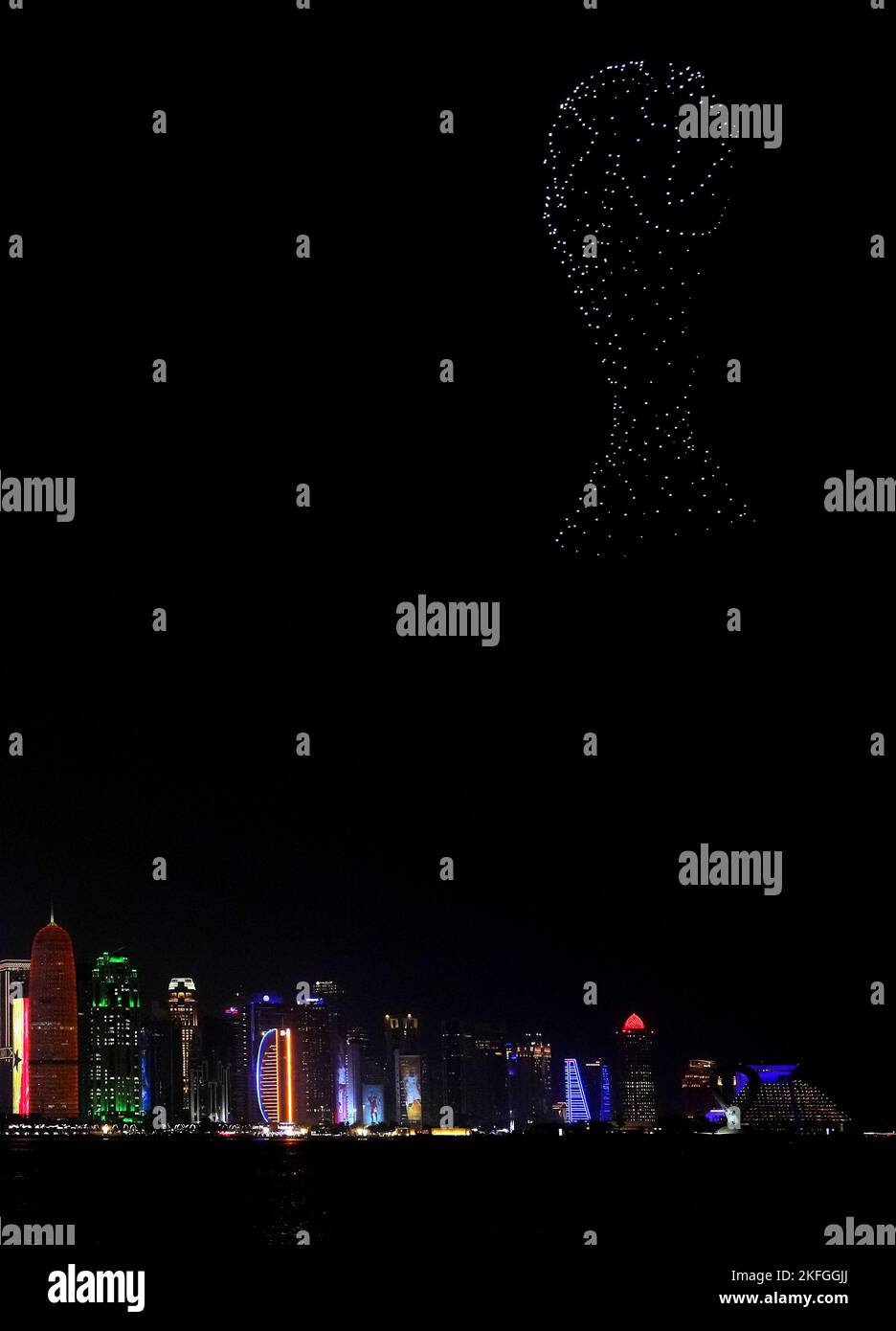 A drone show is displayed over Doha ahead of the FIFA World Cup 2022 in ...