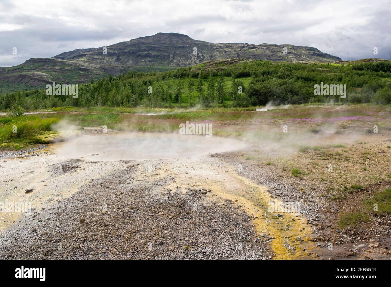 Icelandic landscape close to famous Geysir with a steam going from very ...