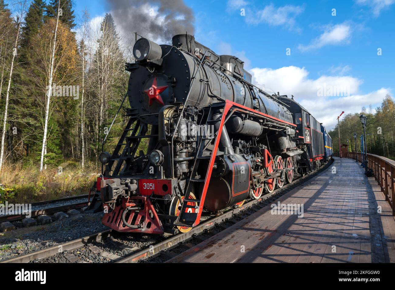 RUSKEALA, RUSSIA - OCTOBER 09, 2022: Old soviet steam locomotive L-3051 ...