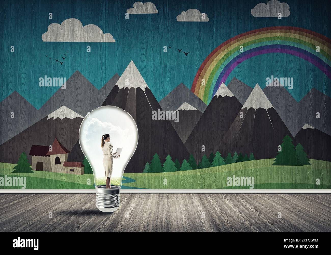 Businesswoman trapped in bulb Stock Photo - Alamy