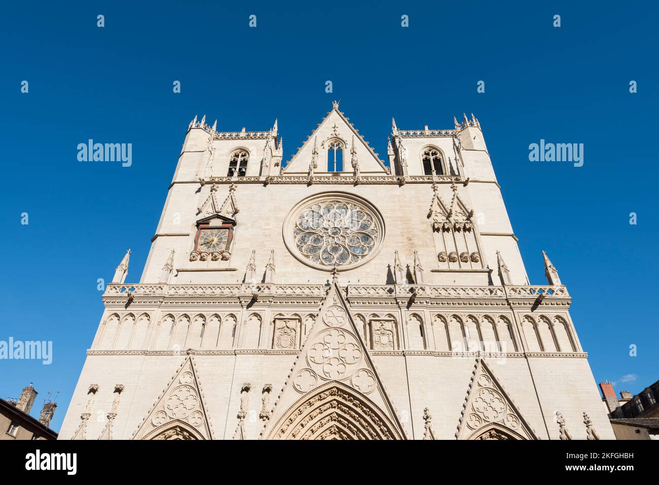 Top facade of the famous Cathedral Saint-Jean, Lyon, travel destination ...
