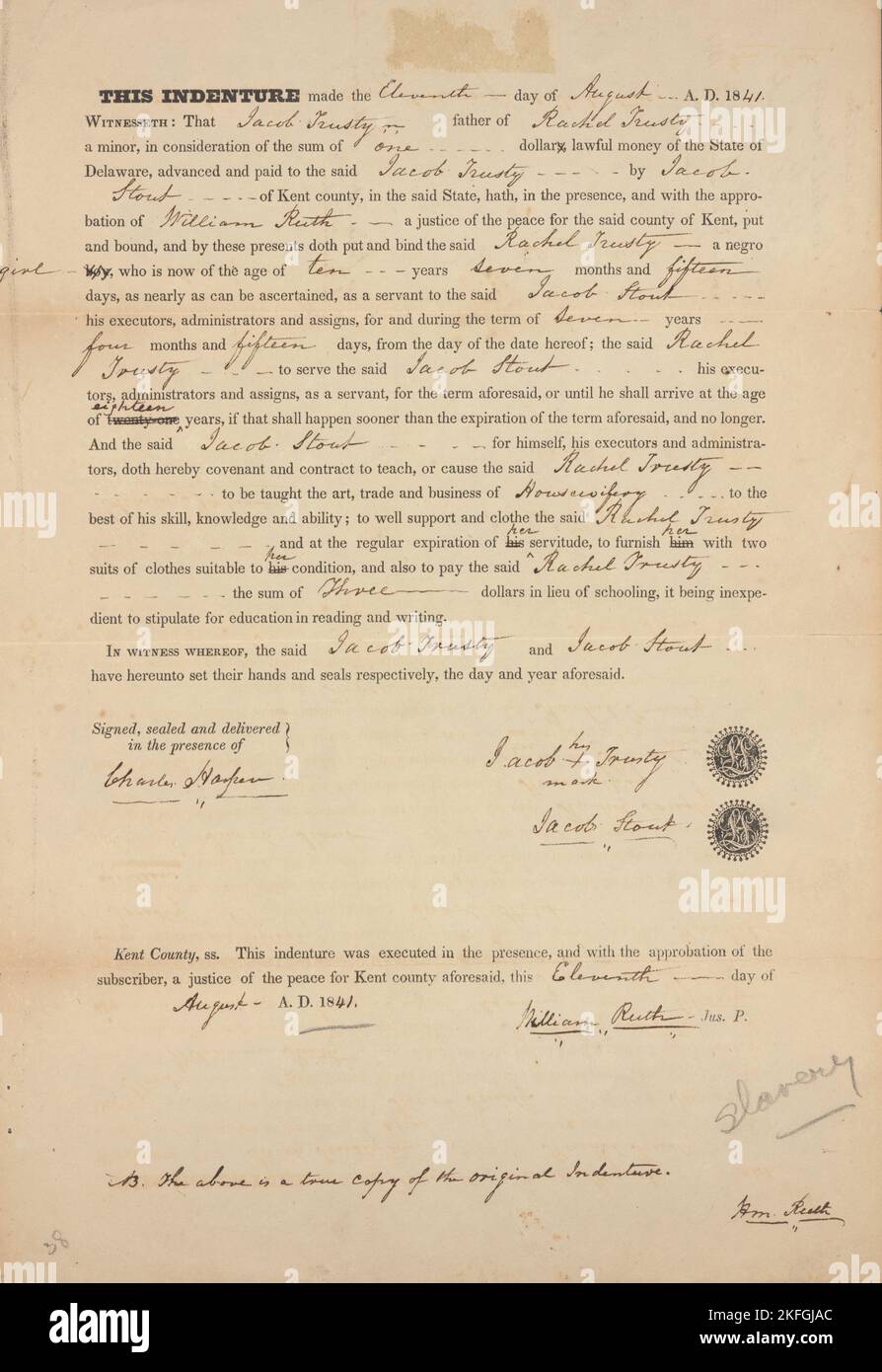 Indenture of Rachel Trusty, 1841-08-11 Stock Photo - Alamy