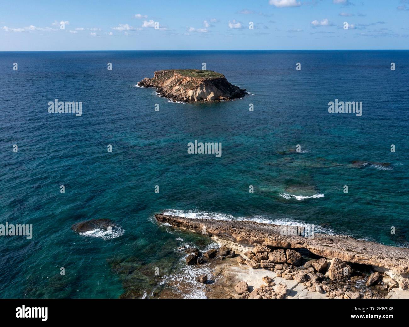 Aerial view of Yeronisos island, Cape Drepanum, Agios Georgios, Cyprus ...