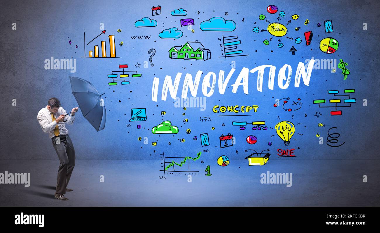 businessman hiding behind umbrella concept Stock Photo - Alamy