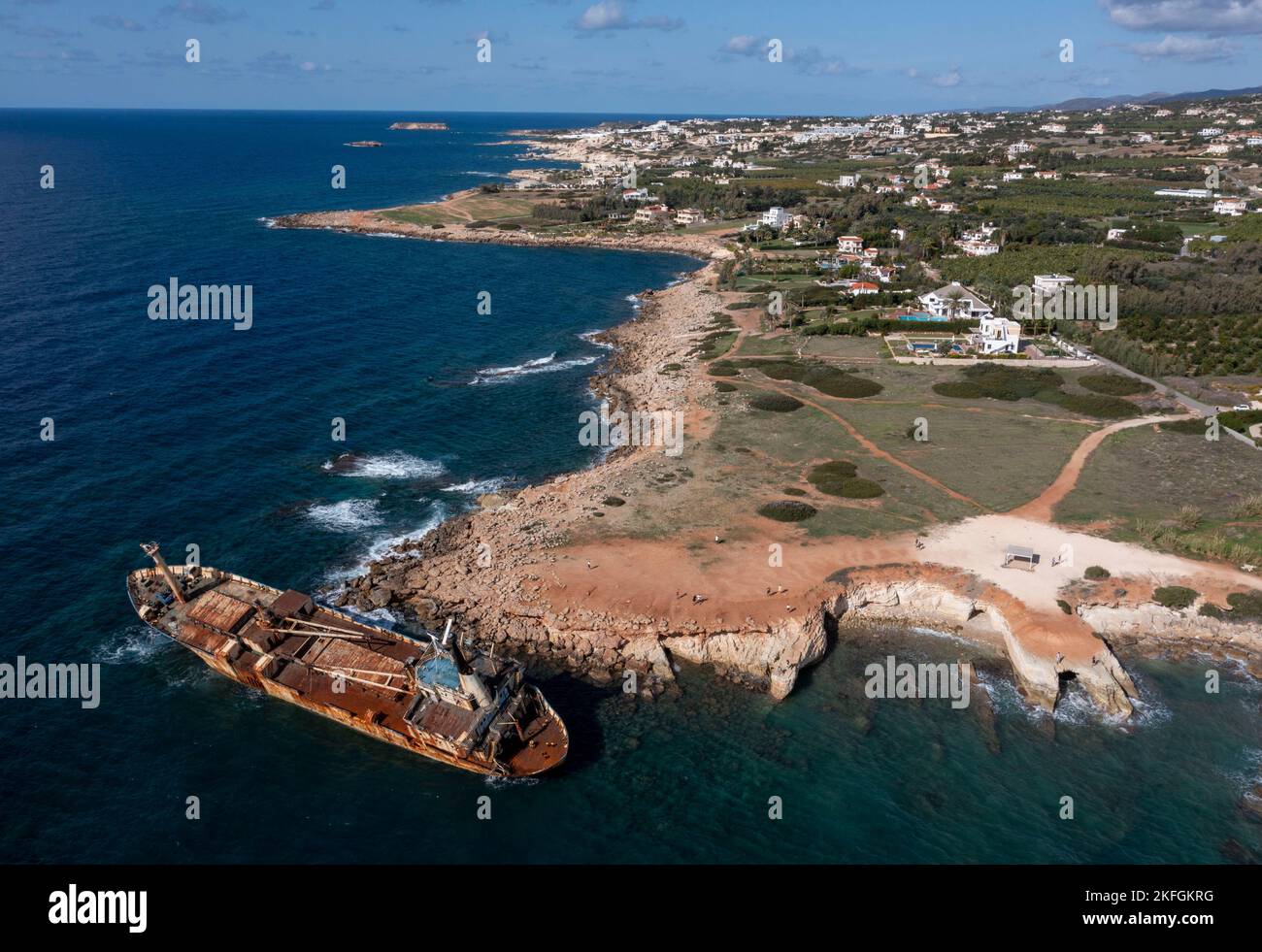 Aerial view of the Edro 111 shipwreck on the rocks near Peyia, Paphos ...