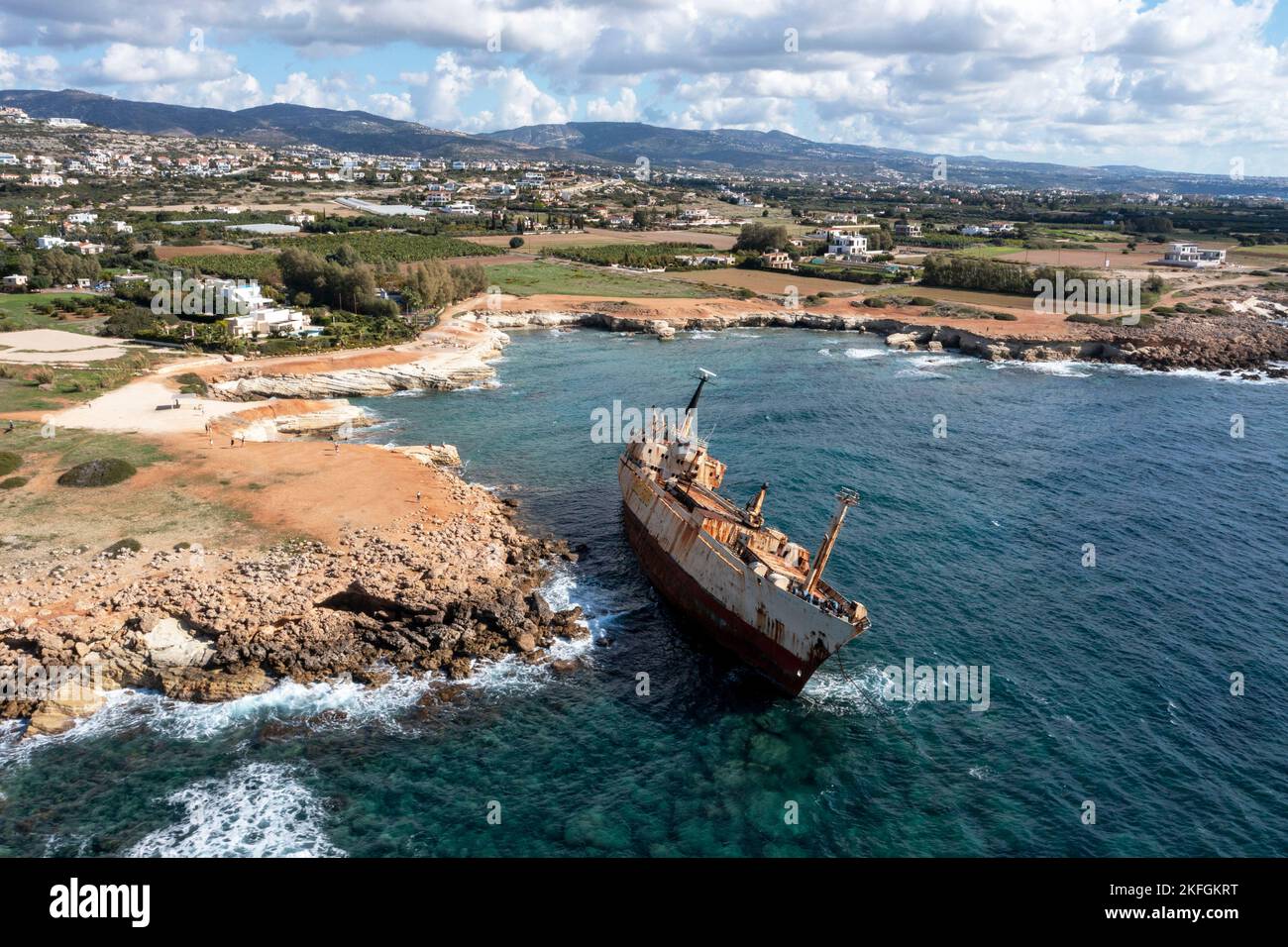 Aerial view of the Edro 111 shipwreck on the rocks near Peyia, Paphos ...