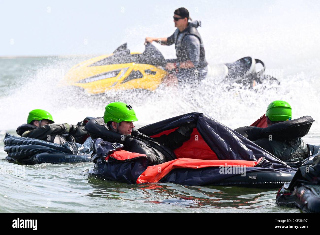 U.S. Air Force F-22 pilots train on the emergency raft portion of the ...