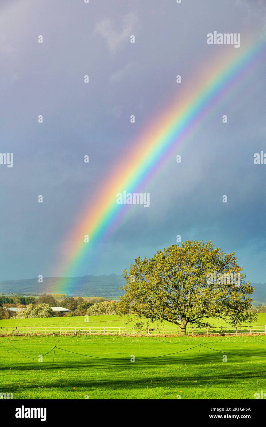 A rainbow over fields near the Cotswold village of Laverton ...