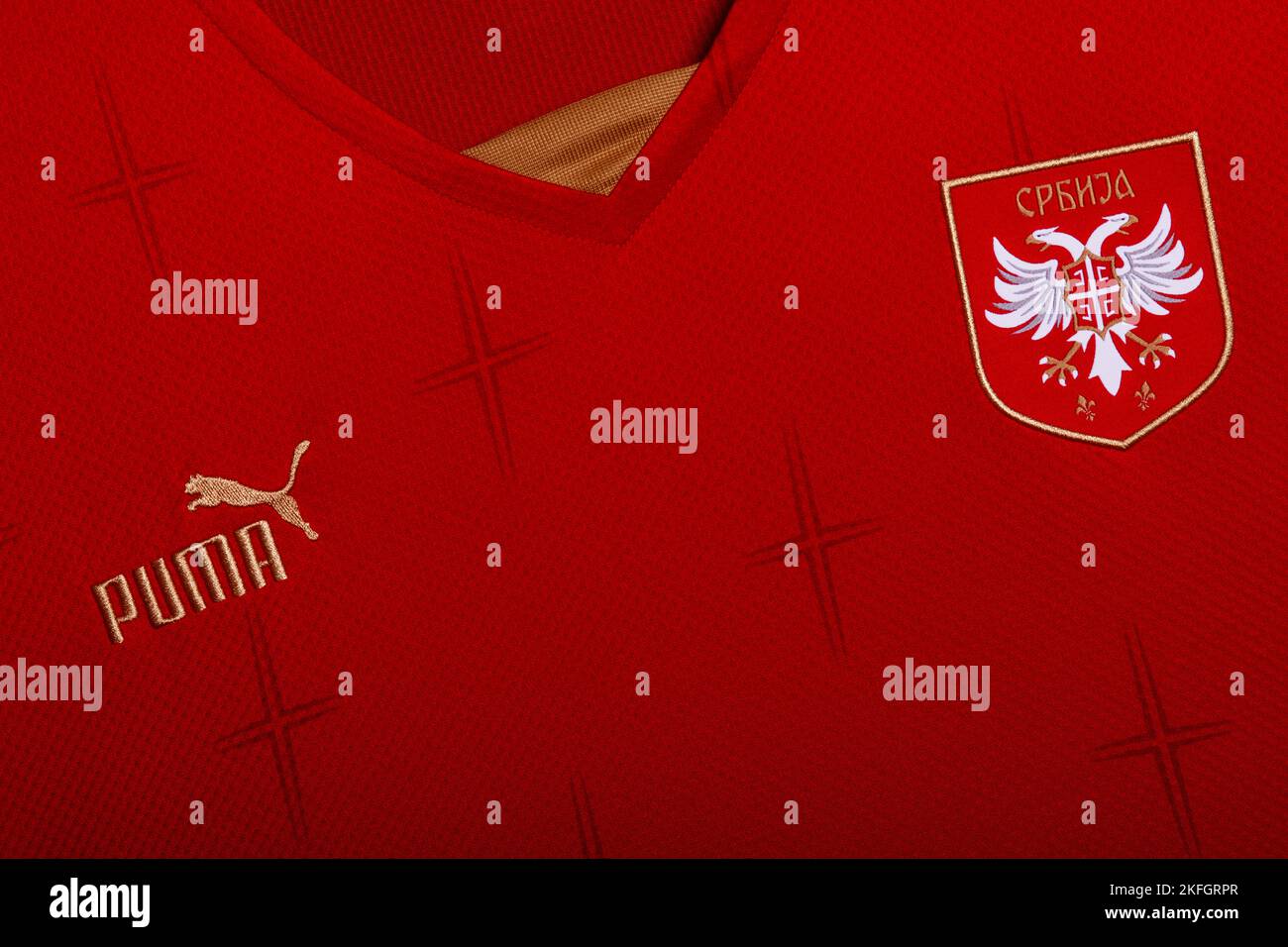 Close up of National Football team crest on home kit. FIFA World Cup ...