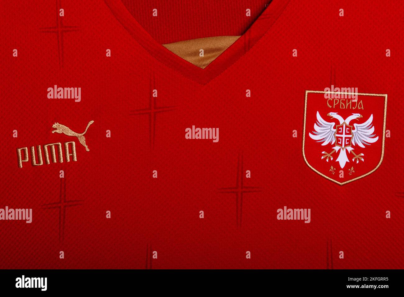 Close up of National Football team crest on home kit. FIFA World Cup ...