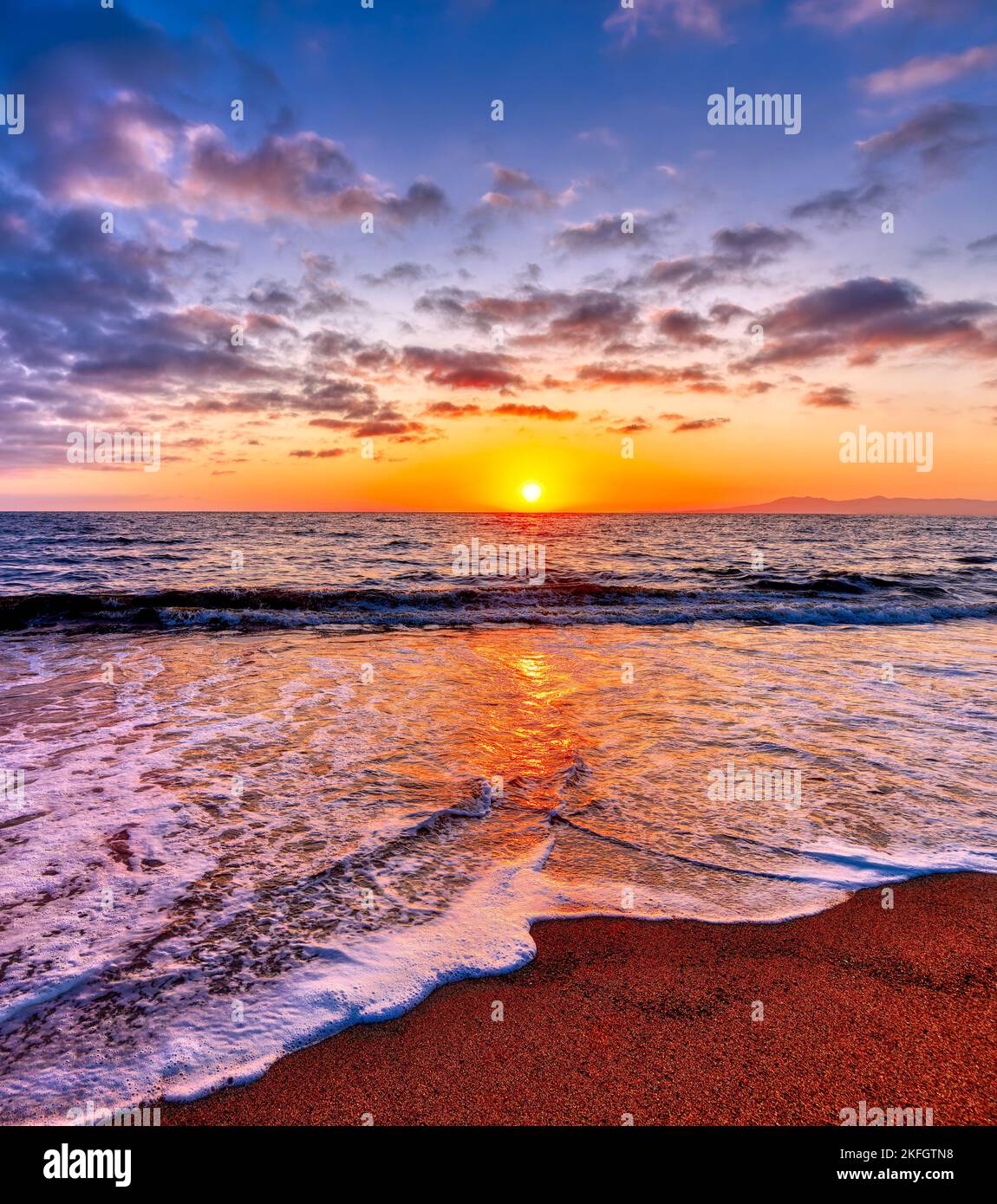 A Tropical Beach At Sunrise With Ran Rays Bursting Forth In Vertical ...