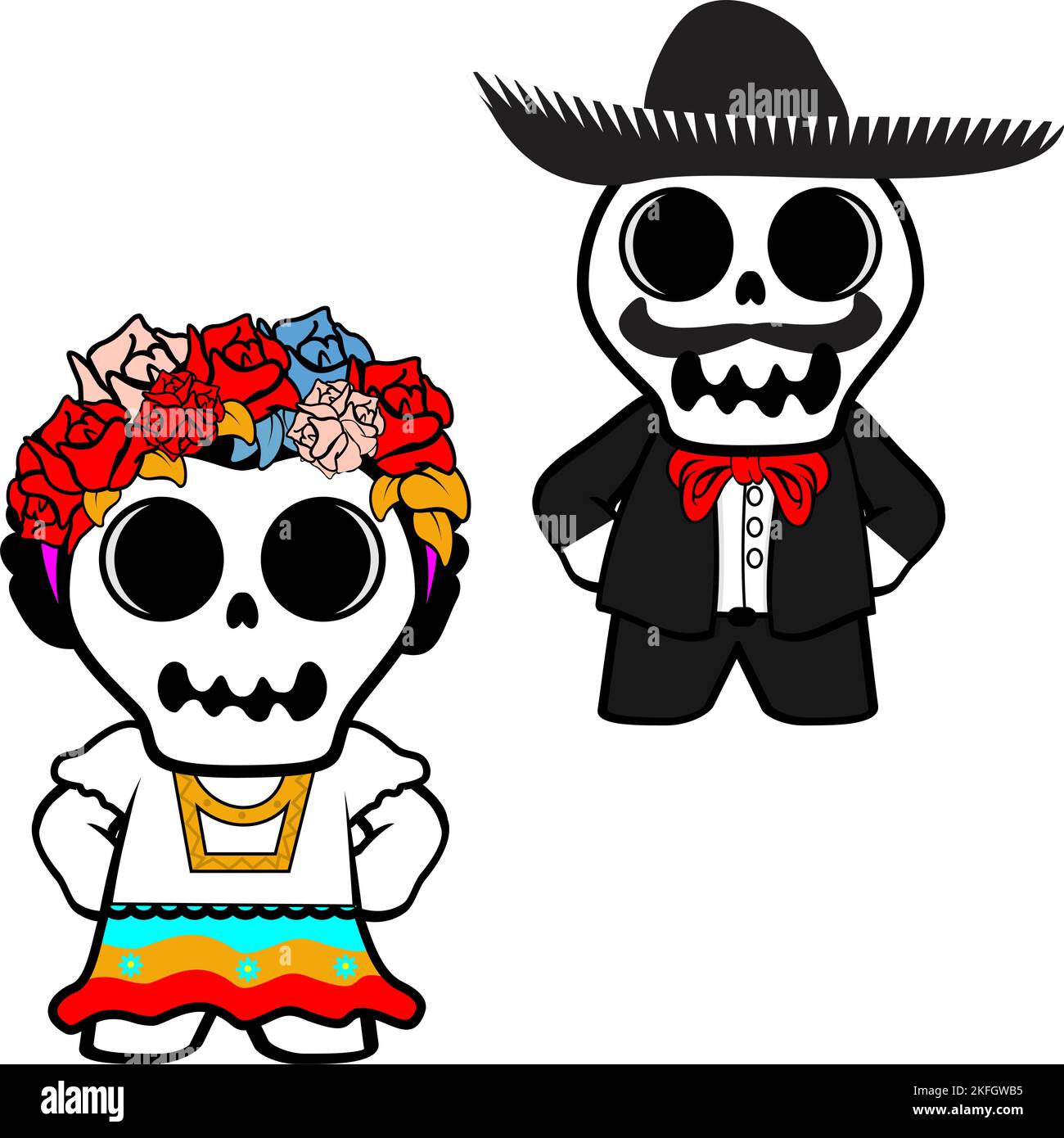 happy mexican kid skull cartoon couple set illiustration in vector ...