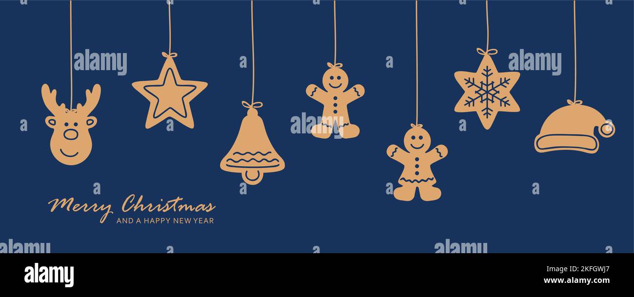 christmas card with hanging gingerbread cookies decoration on blue ...