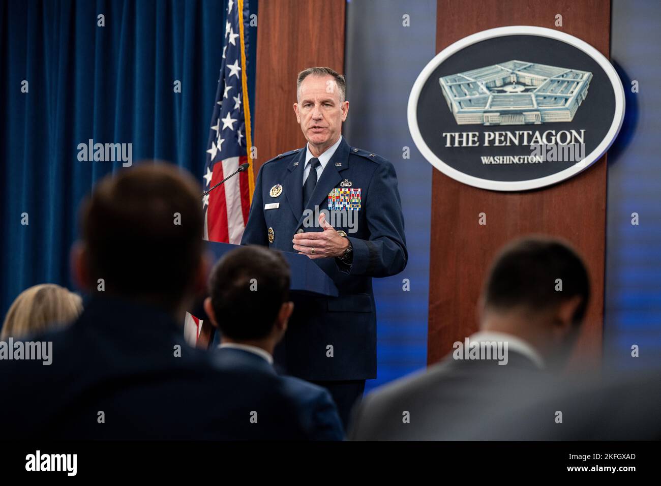 Pentagon Press Secretary Air Force Brig. Gen. Pat Ryder briefs the media in the Pentagon ...