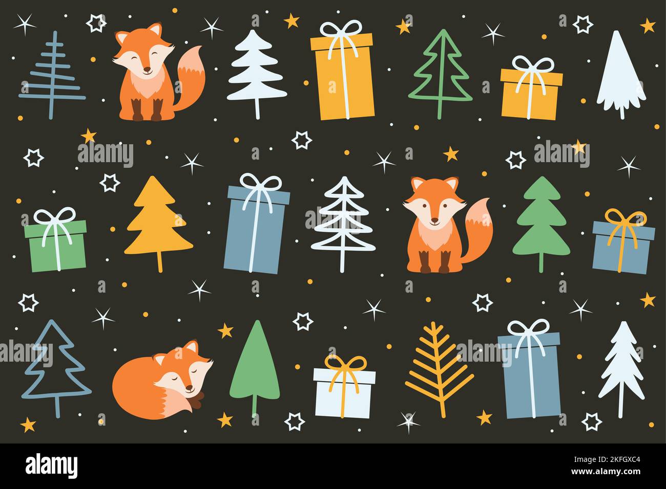 cute christmas motives fox tree and gift box Stock Vector Image & Art ...